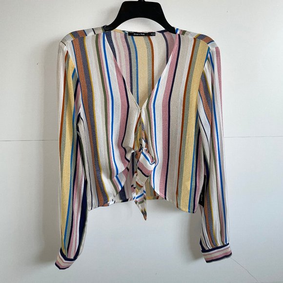 Doe & Rae | Tops | Nwt Doe Rae Cropped Tie Front Long Sleeve Striped ...